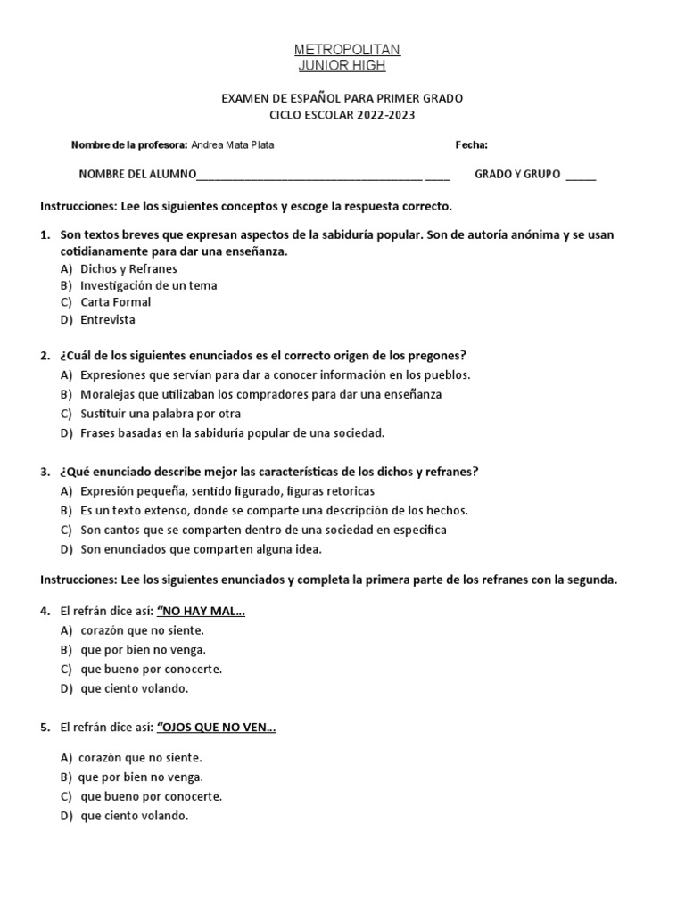Examen Nov-Dic Español1 | PDF