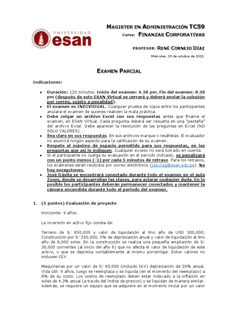 Examen Parcial Finanzas Corporativas | PDF | Análisis de sensibilidad ...