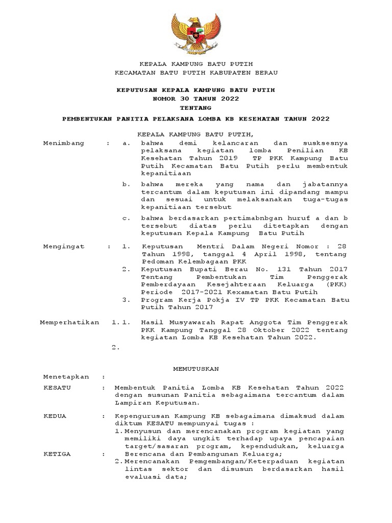 SK Panitia Tim Lomba PKK KB Kes TH 2022 | PDF