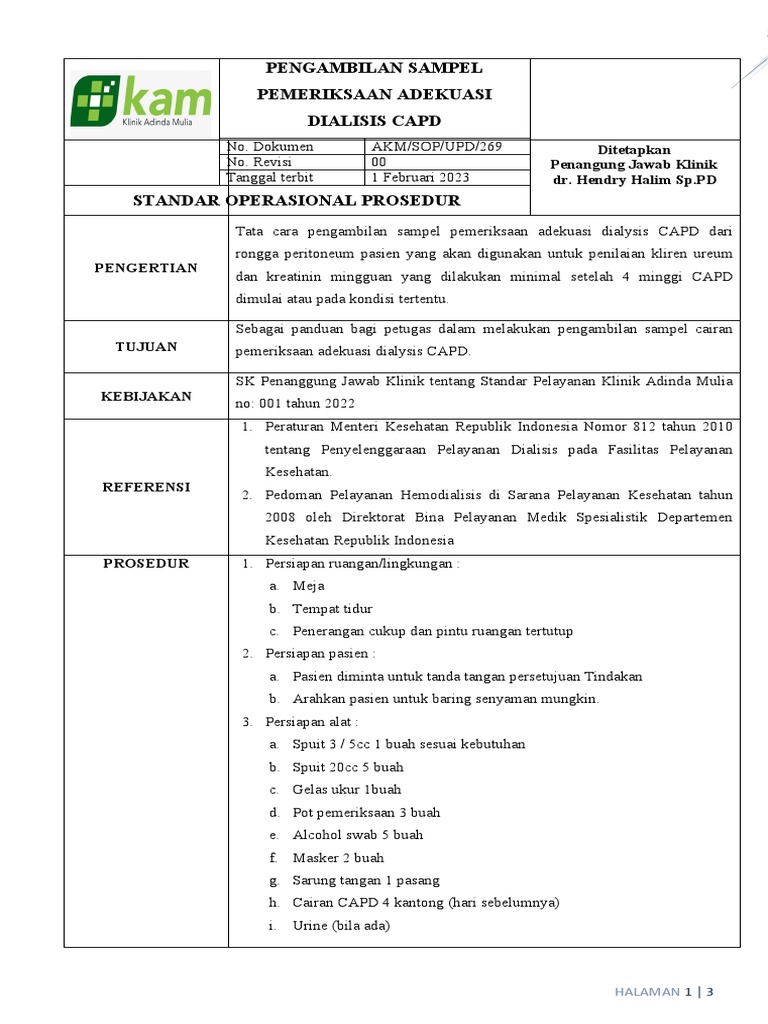 Pengambilan Sampel Pemeriksaan Adekuasi Dialisis Capd | PDF | Sains ...