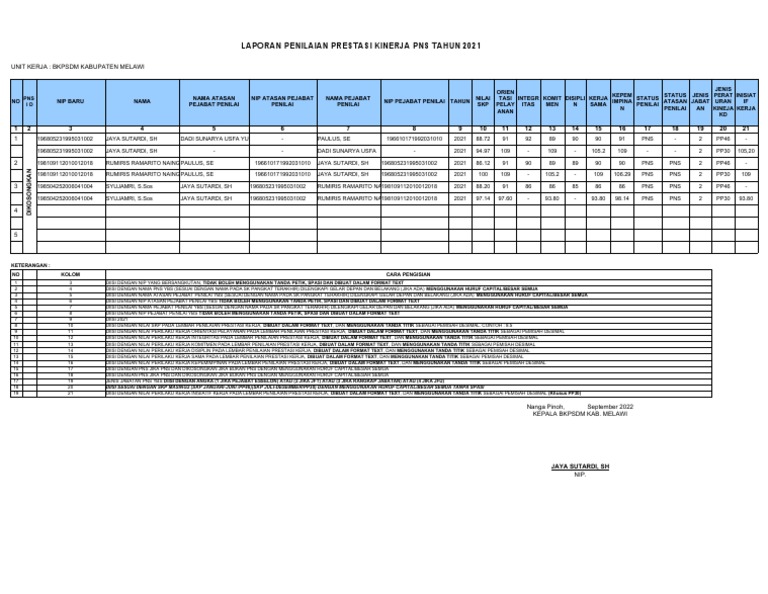 Contoh Pengisian Form Laporan Kinerja PNS Tahun 2021 | PDF