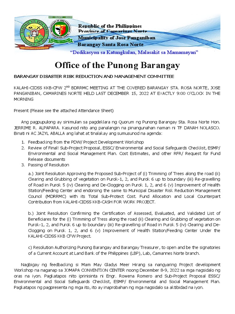 2nd Bdrrmc Meeting Pdf Safety Risk