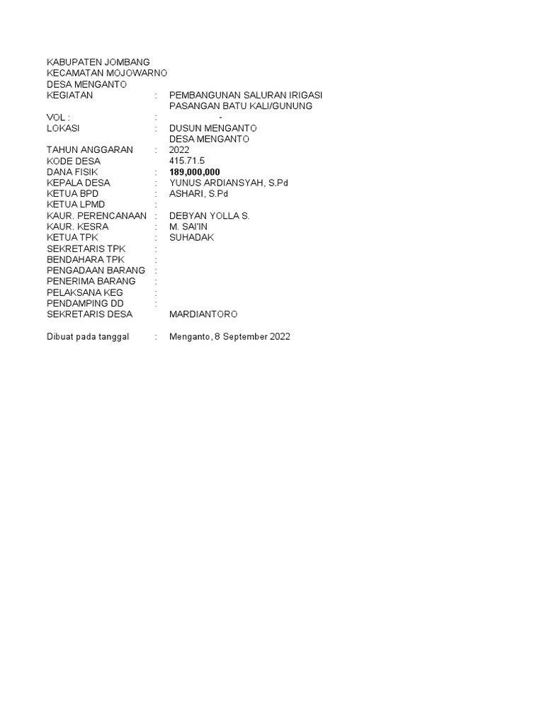 Irigasi Tersier 2022 DSN Menganto Desa Menganto Satu Sisi - 112831 | PDF