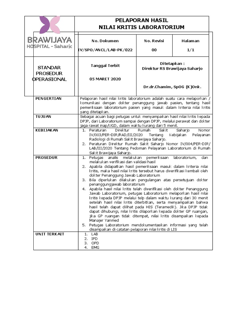 SPO Pelaporan Hasil Nilai Kritis Laboratorium | PDF