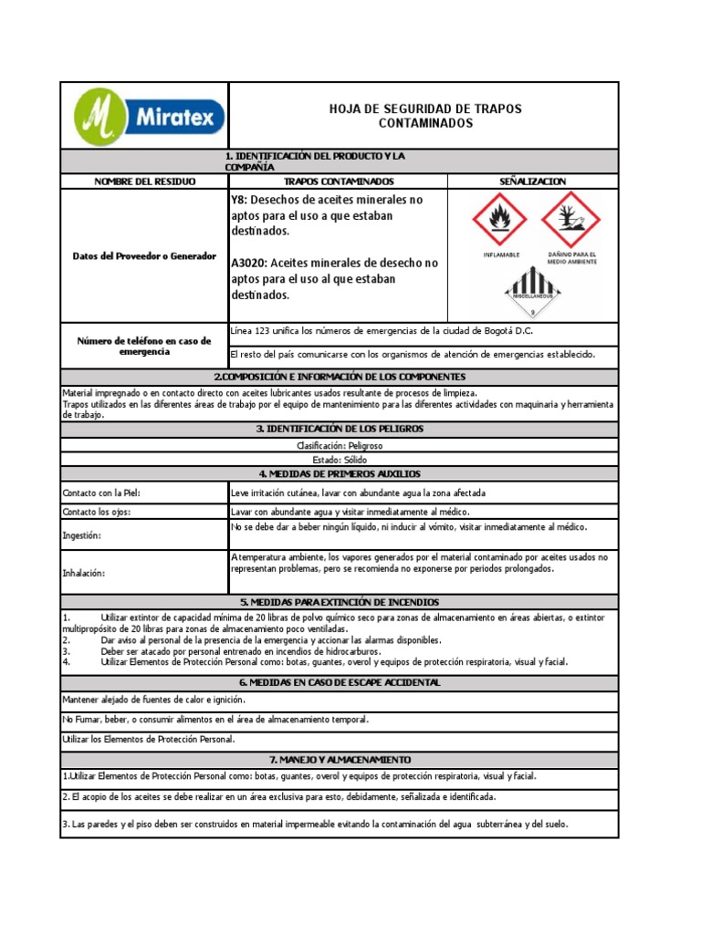 Hoja de Seguridad: Trapos Contaminados | PDF | Contaminación | Agua