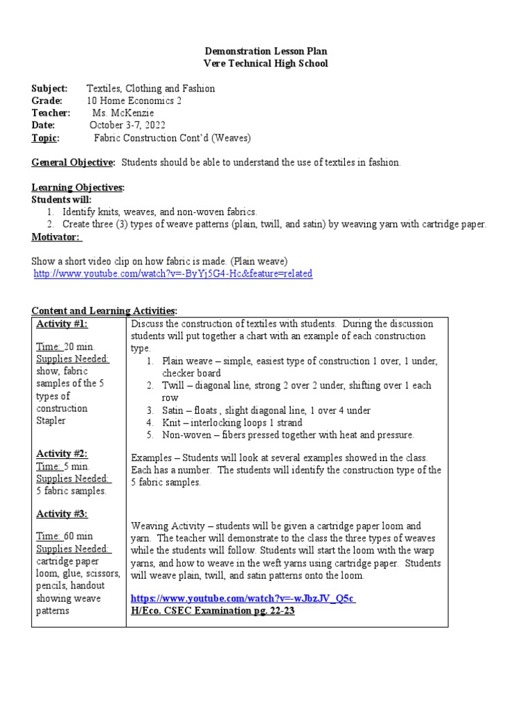 Weaving Techniques Lesson Plan | PDF
