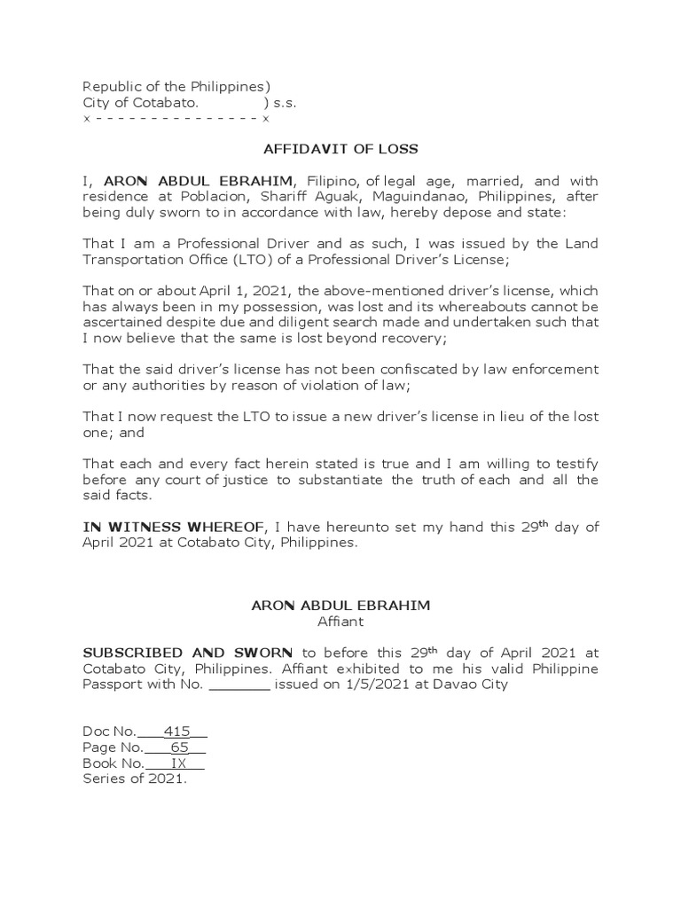 Sample Affidavit of Loss | PDF