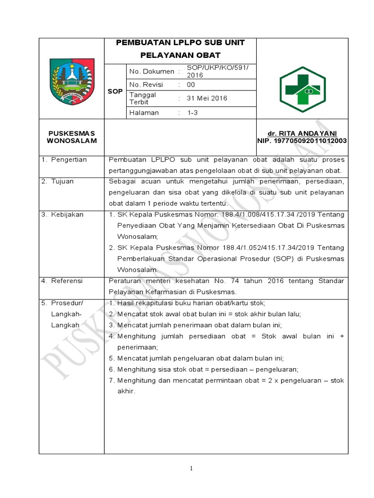 Sop Pembuatan Lplpo Sub Unit Pelayanan Obat | PDF