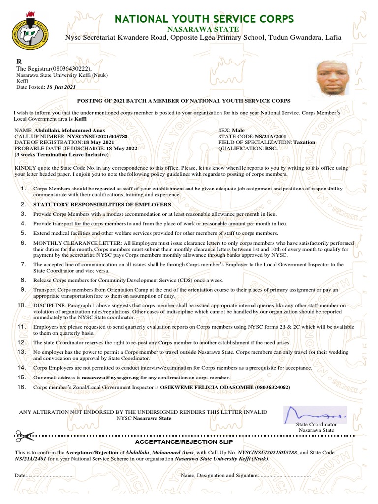 NYSC PPA Guidelines for Nasarawa State | PDF