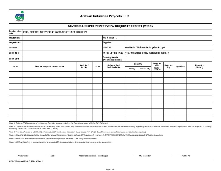 AIP C3100000175 CONM 14 Material Inspection Review Request Report | PDF ...