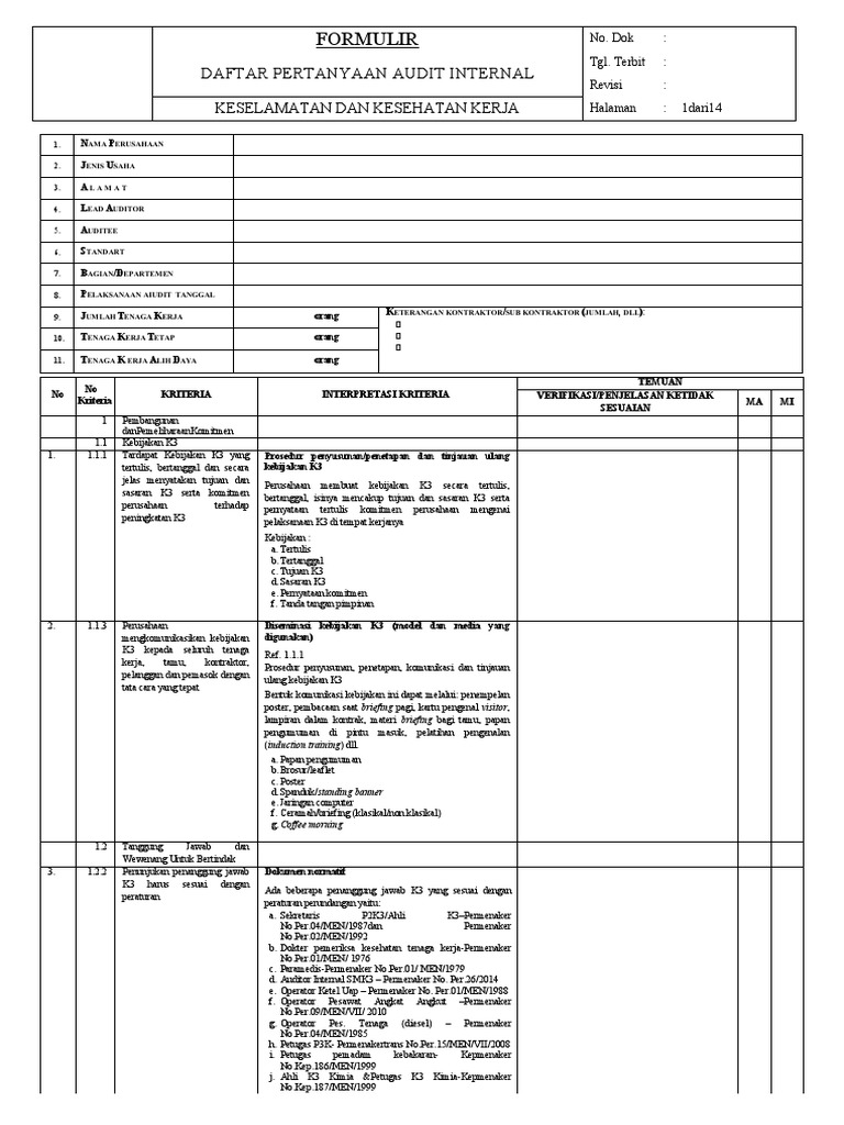 Daftar Pertanyaan Audit Internal k3 | PDF