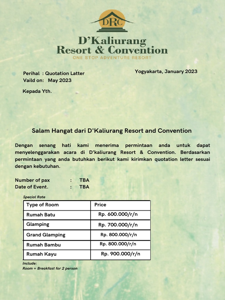 QUOTATION LETTER FOR EVENT VENUE | PDF