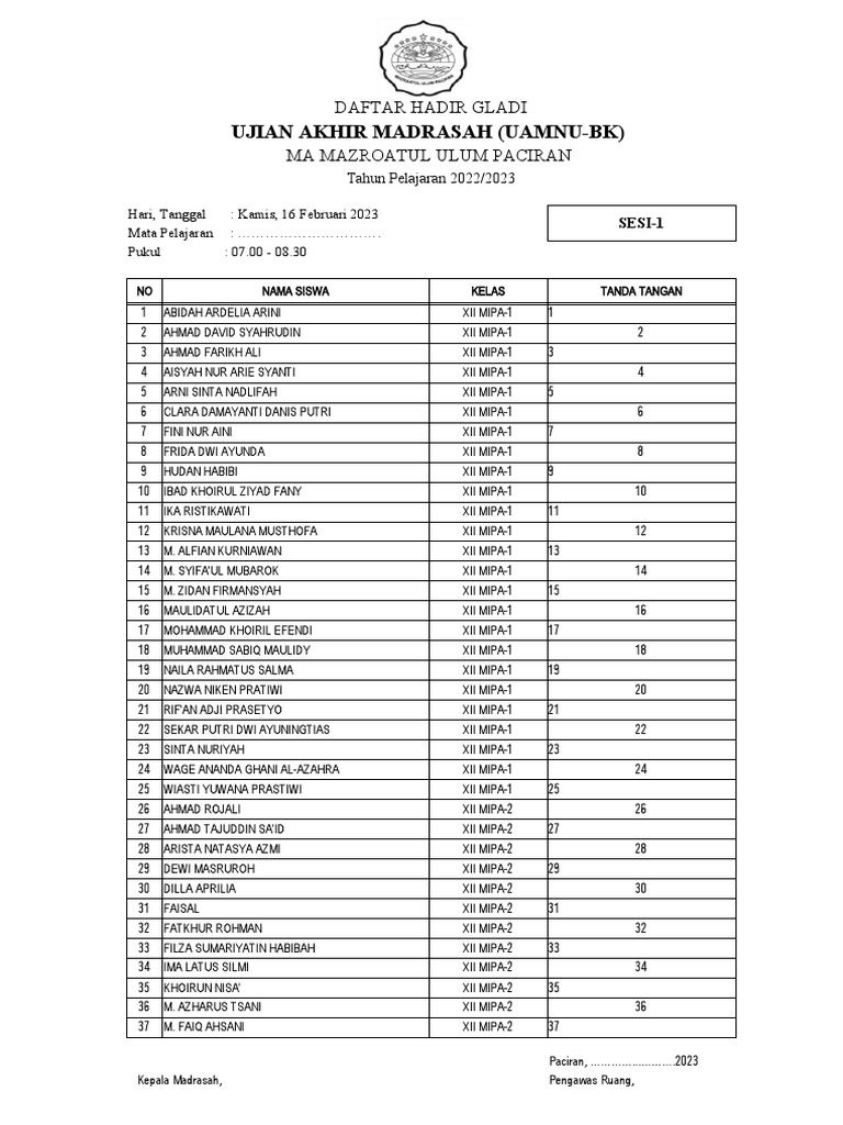 Daftar Hadir Uamnu-Bk 2023 | PDF