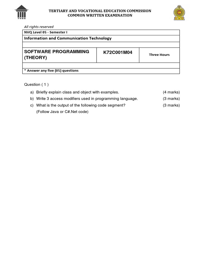 Tertiary And Vocational Education Common Written Exam Pdf C Sharp Programming Language 