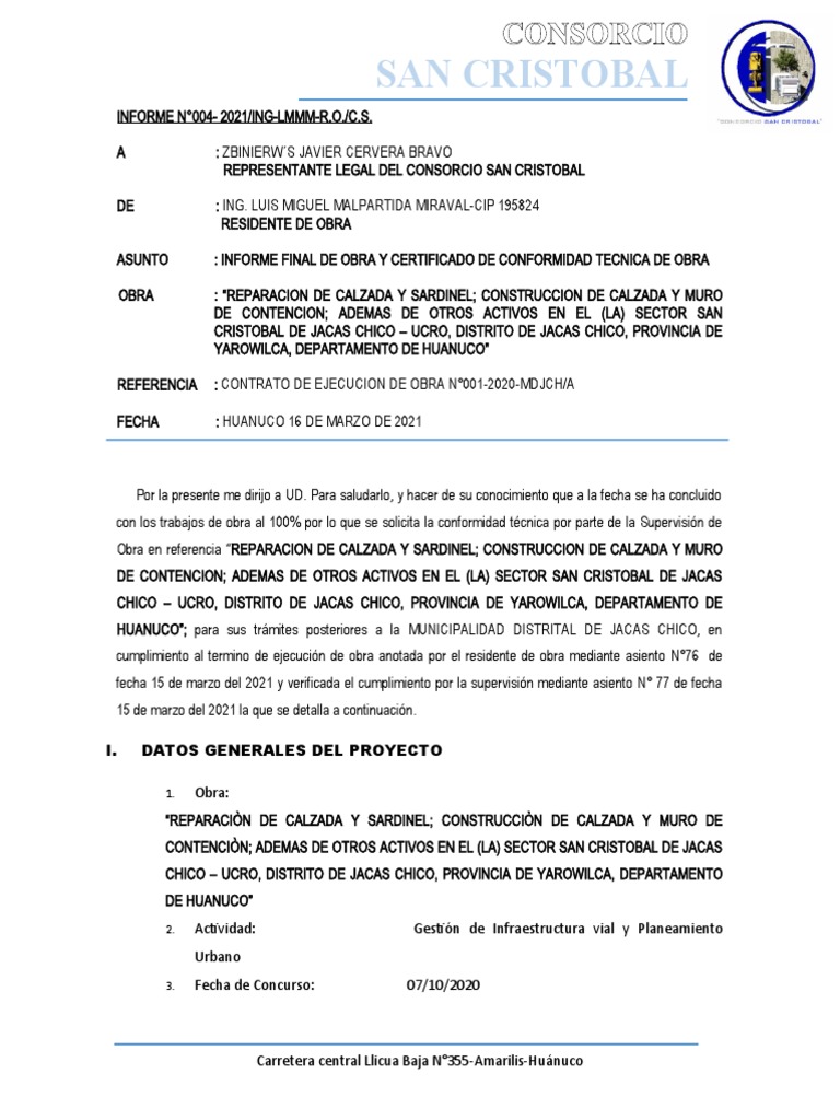 INFORME FINAL DE OBRA | PDF | Hormigón | Infraestructura