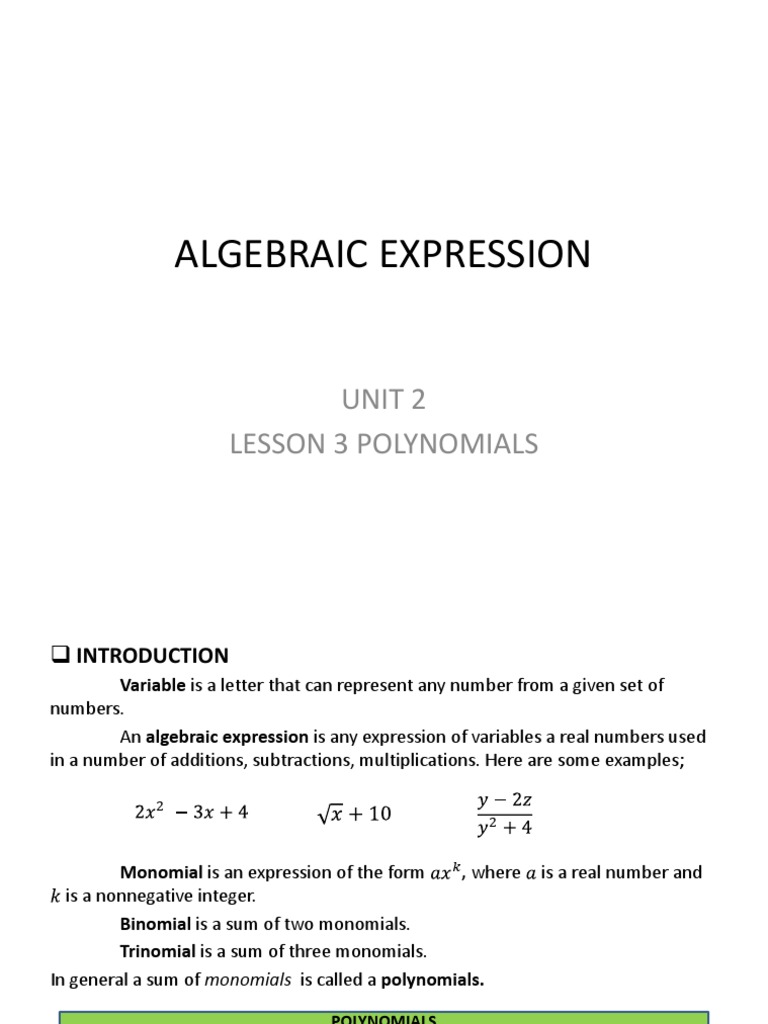 Lesson 3 - Algebraic Expression - Polynomials | PDF