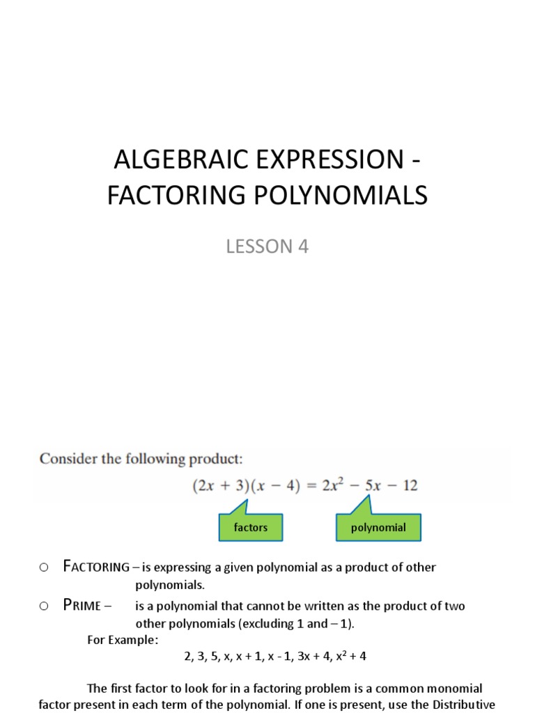 Lesson 4 - Algebraic Expression - Factoring Polynomials | PDF