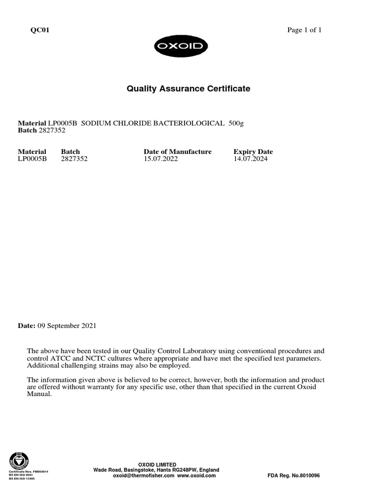 COA Sodium Chloride | PDF