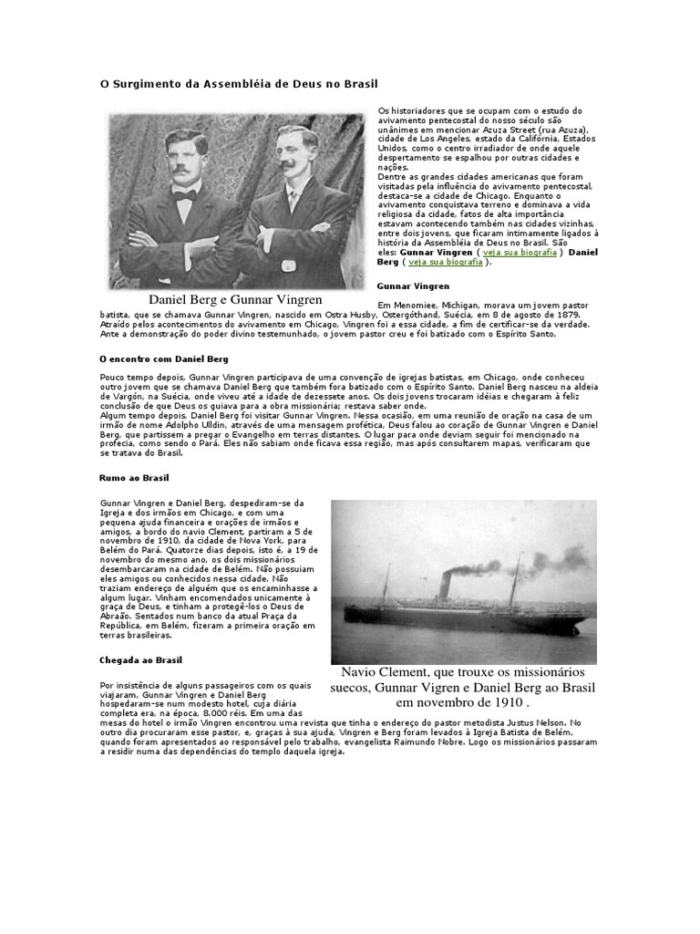 Daniel Berg e Gunnar Vingren | PDF | Pentecostalismo | Igreja cristã