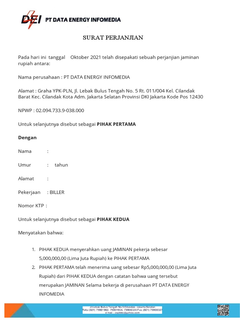 Surat Perjanjian Jaminan Okt 2021 | PDF