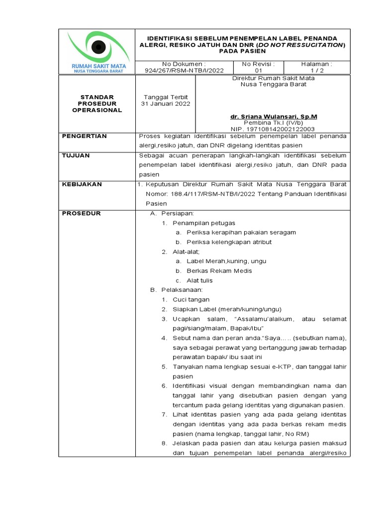 SPO IDENTIFIKASI SEBELUM PENEMPELAN LABEL PENANDA ALERGI, RESIKO JATUH ...