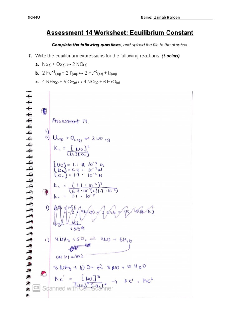 Assessment 14 Worksheet | PDF | Chemical Equilibrium | Methane