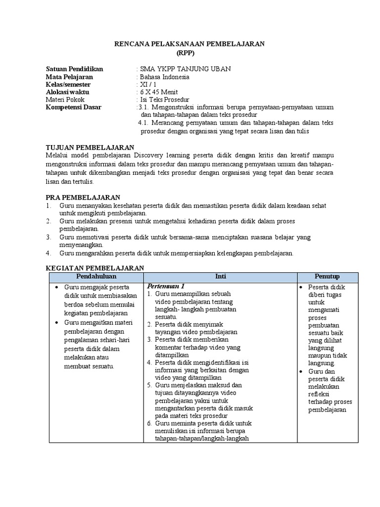 RPP 1 Lembar Bahasa Indonesia Kelas 11 SMA-MA Semester 1 2021 | PDF ...