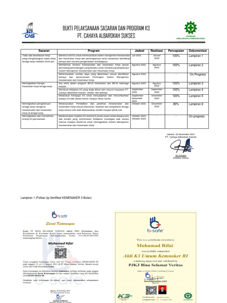 Bukti Pelaksanaan Sasaran Dan Program K3 | PDF