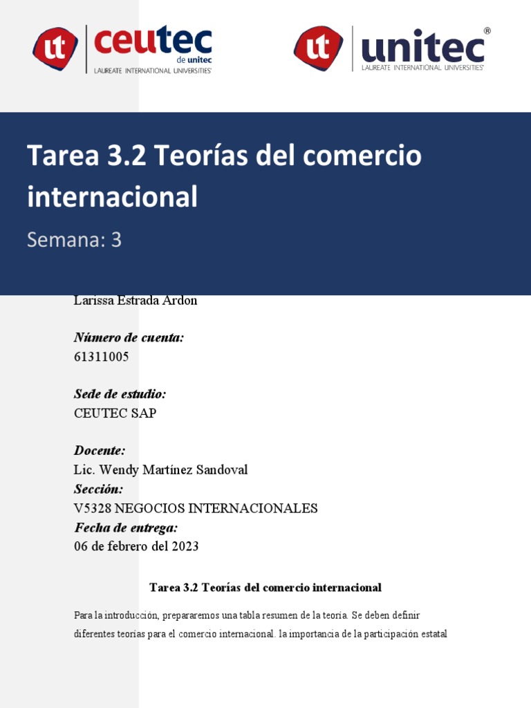 Tarea 3.2 Teorías Del Comercio Internacional | PDF | El comercio internacional | Economias
