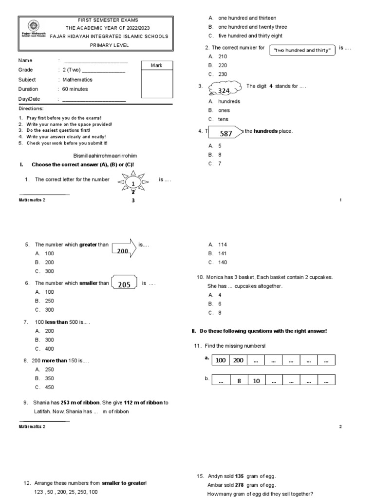 UAS Math Grade 2 (Sem 1 - 2022) | PDF | Mathematics | Science
