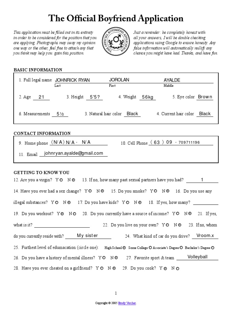 Official Boyfriend Application Form | PDF