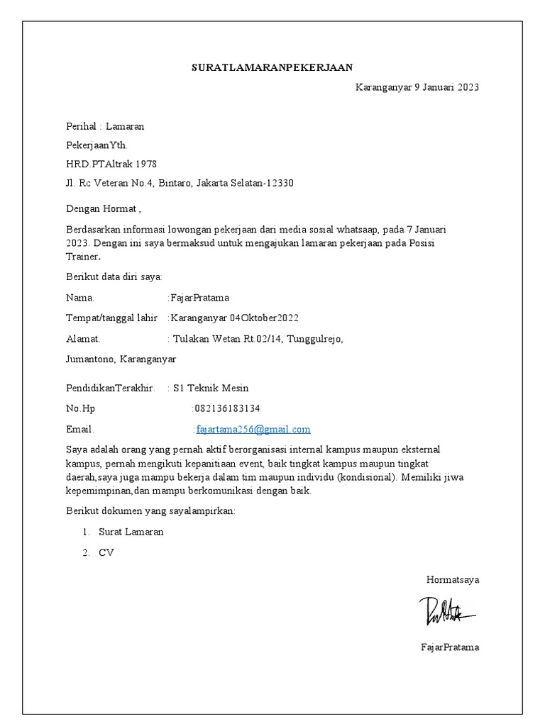 Lamaran Pekerjaan Trainer PT Altrak 1978 | PDF