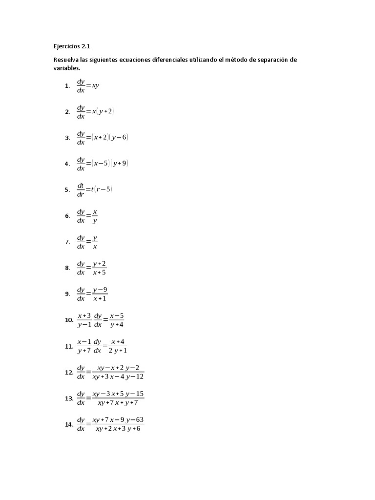 Ejercicios 2.1 Variables Separables | PDF
