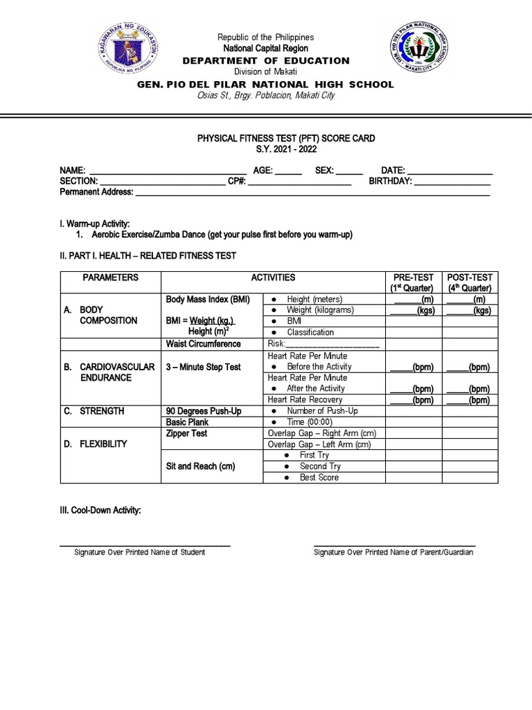 Grade 8 Physical Fitness Test Score Card | PDF | Heart Rate | Body Mass ... Grade 8 Physical Fitness Test Score Card | PDF | Heart Rate | Body Mass ...