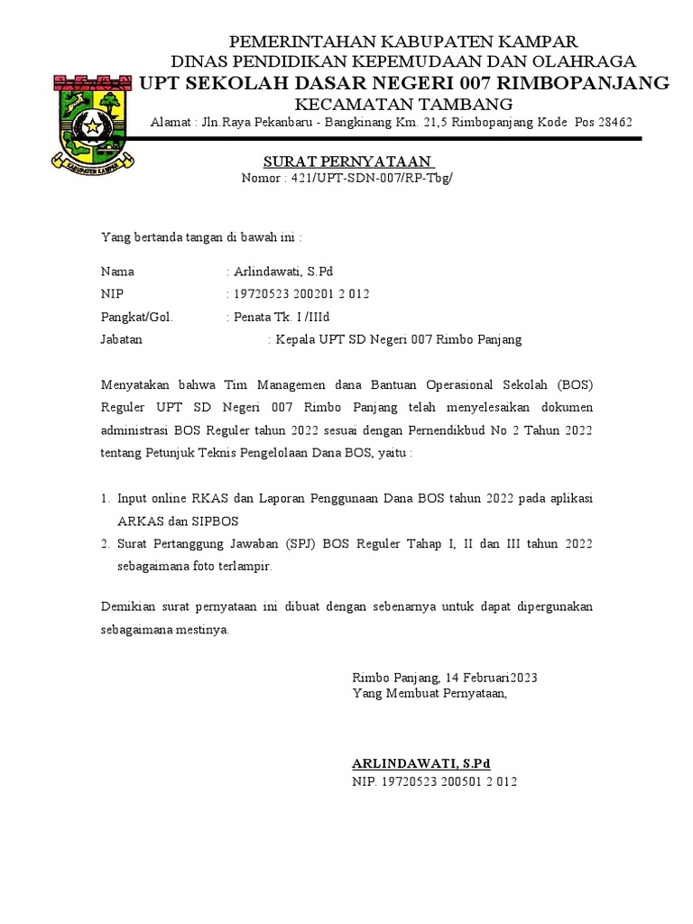 Surat Pernyataan SPJ Bos 2022 | PDF