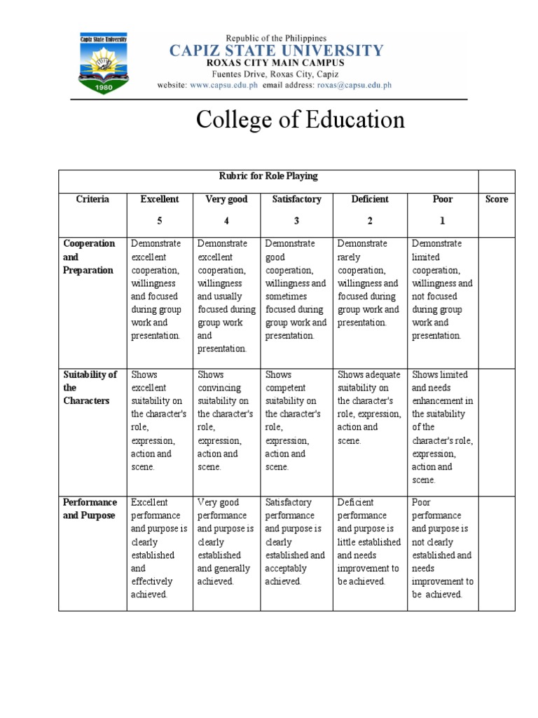 Rubric For Role Playing - GROUP 12 BPED 3A - PABLO | PDF | Rubric ...