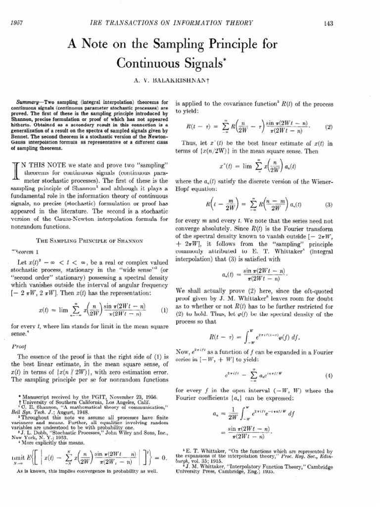 A. V. Balakrishnan, "A Note On The Sampling Principle For Continous Signal," IRE Trans. On ...