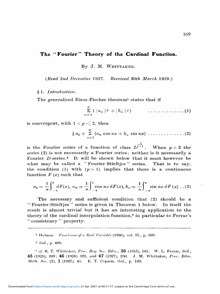 J. M. Whittaker,"The Fourier Theory of The Cardinal Function", Proc. Lond. Math. Soc. Edinburgh ...