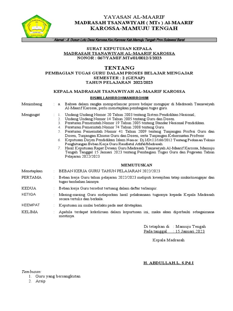 SK Pembagian Tugas Guru | PDF