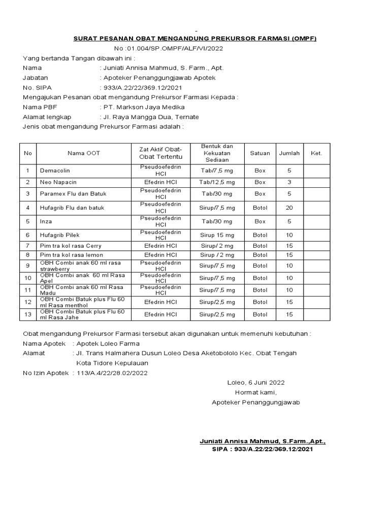 Form - Surat Pesanan Prekursor Bulan Juni | PDF