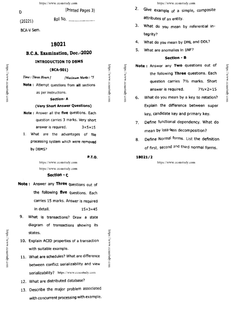 Bca 5 Sem Introduction To Dbms 18021 Dec 2020 | PDF