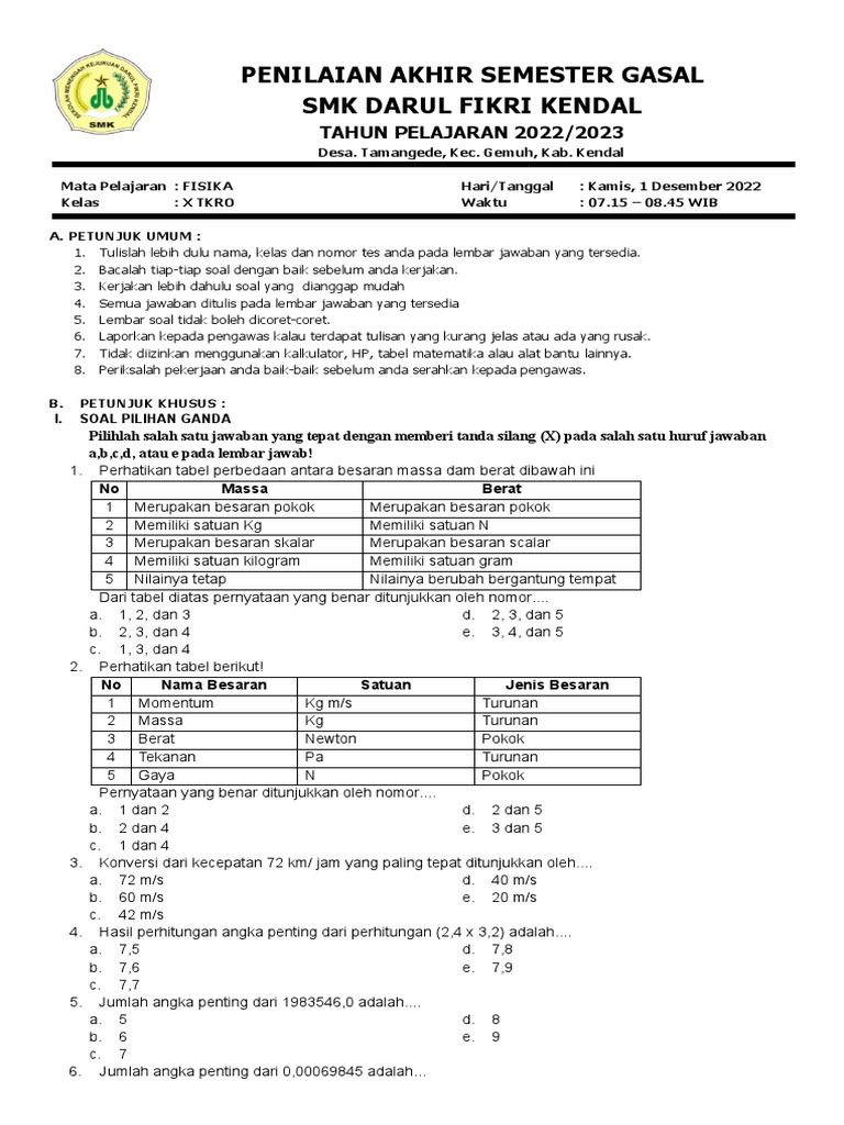 Ujian Fisika Kelas X TKRO | PDF