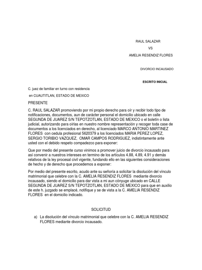 escrito inicial DIVORCIO INCAUSADO | PDF | Divorcio | Justicia