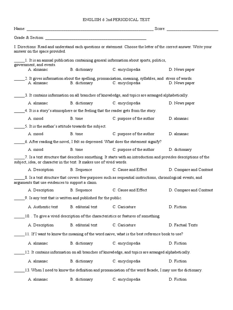 English 6 Periodical Test Overview | PDF | Encyclopedias | Dictionary