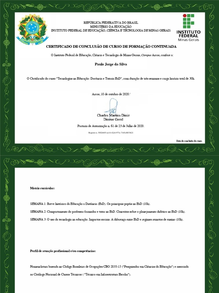 Z 1 CERTIFICADO IFMG Docência e Tutoria EaD-Gerar Certificado 4088 ...
