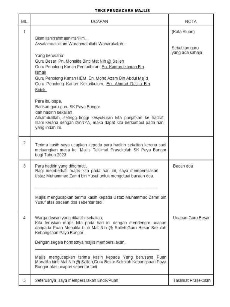 Teks MC Taklimat Prasekolah | PDF