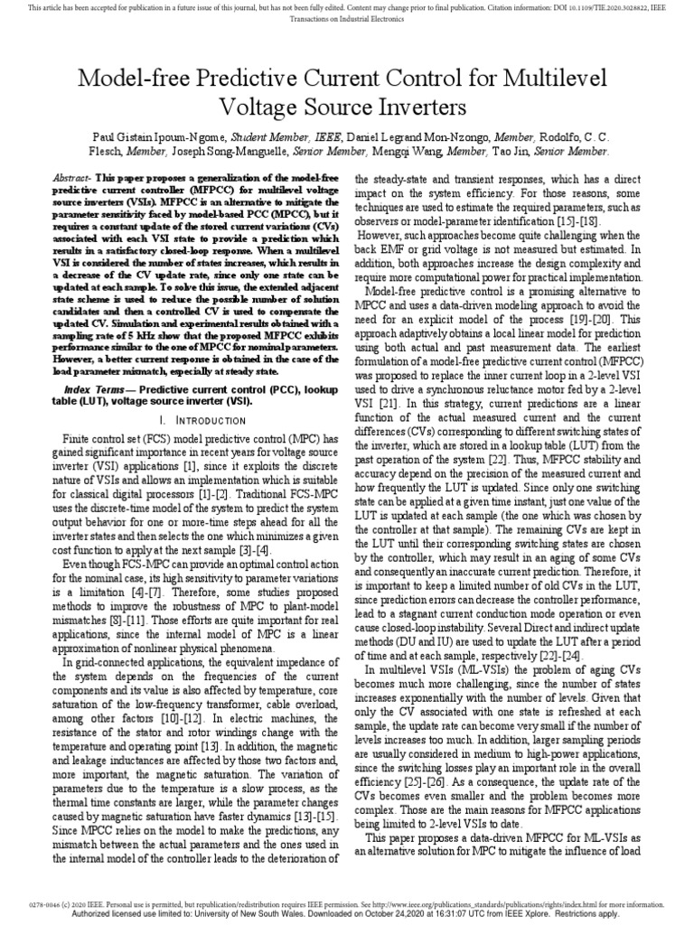Model Free Predictive Current Control For Multilevel Voltage Source Inverters Pdf