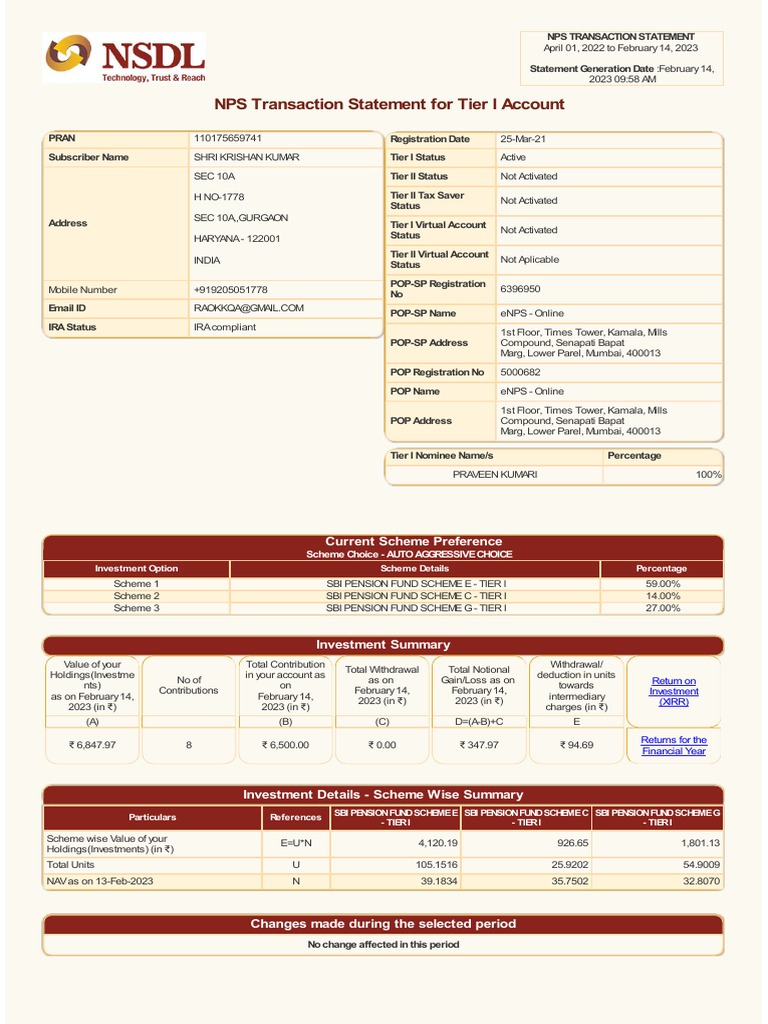 NPS Transaction Statement For Tier I Account: Current Scheme Preference ...