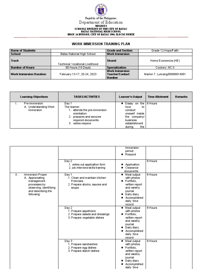 Food and Beverage Work Immersion Plan | PDF | Meal | Cakes