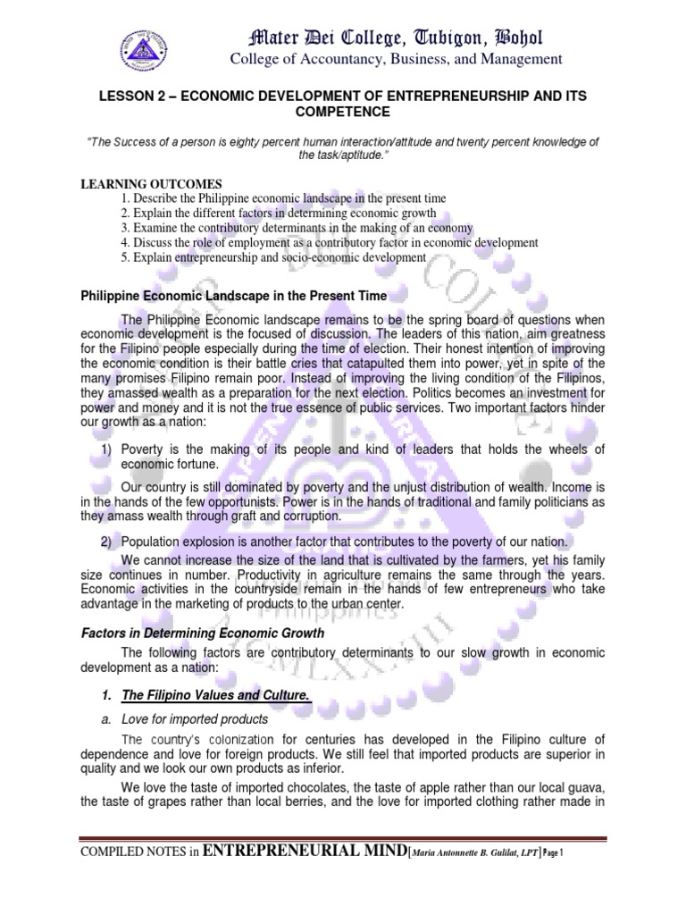 LESSON 2 Economic Development of Entrepreneurship | PDF ...